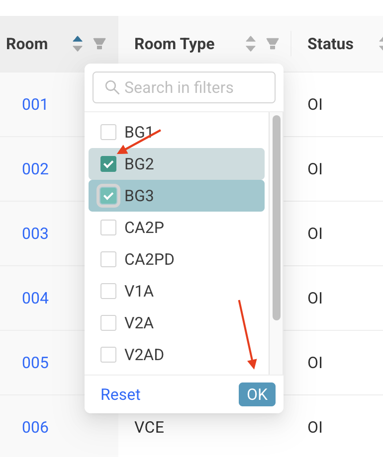 Rooms Filtering Function in Optii