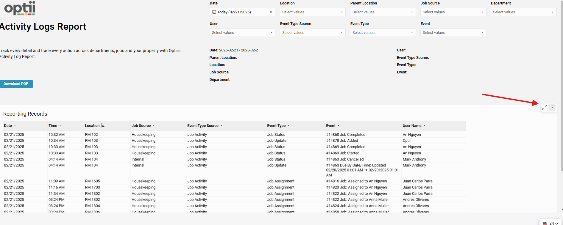 Optii Housekeeping Activity Log Report